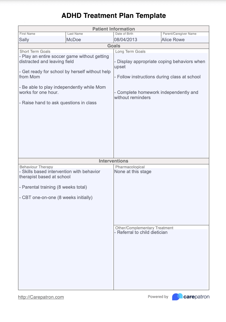 ADHD Treatment Plan Template Example Free PDF Download
